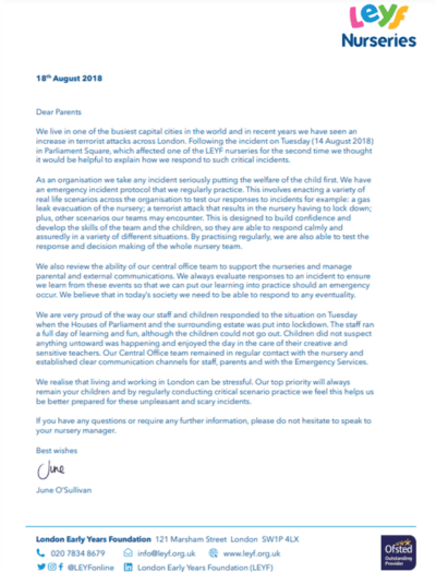 Letter to our parents - LEYF Nurseries